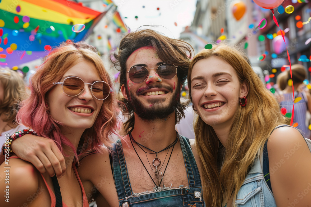 Polyamorous relationship during pride parade, queer threesome in love ...