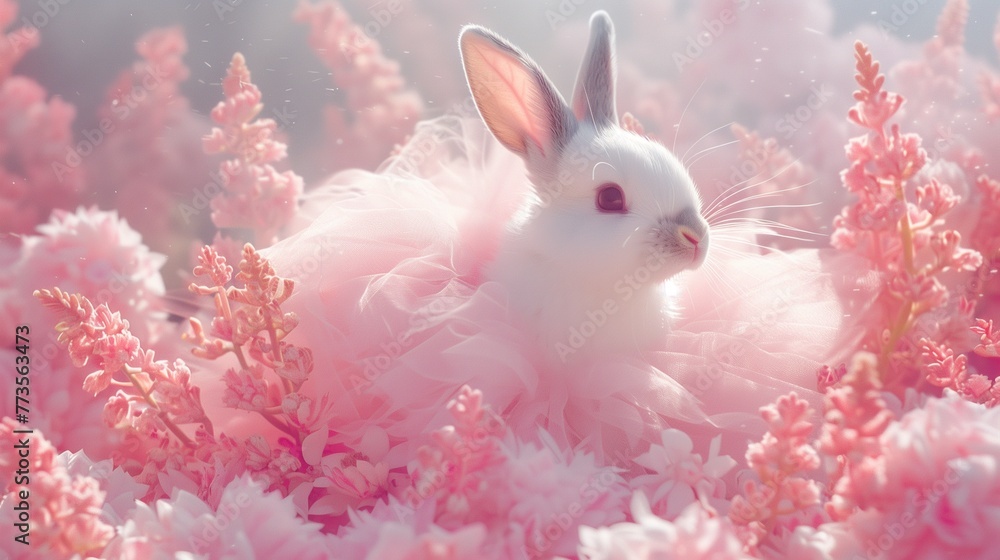 Cute pretty rabbit in pink dress on spring floral pinky background with ...