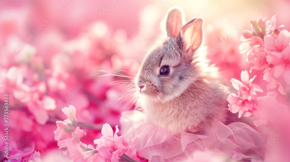 Cute pretty rabbit in pink dress on spring floral pinky background with ...