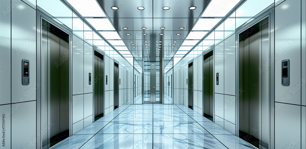 Modern steel elevator cabins in Hotel or business lobby. a long ...