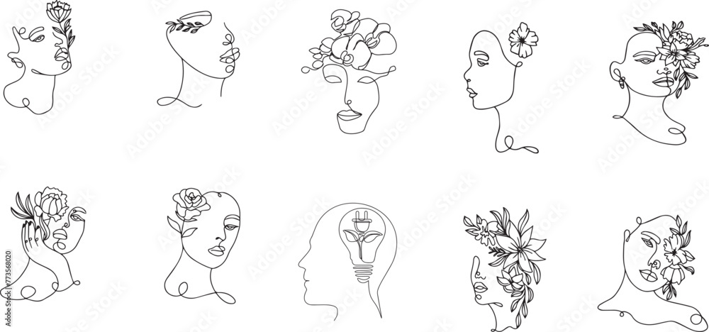 One continuous line drawing of human head with plant inside. Mental ...