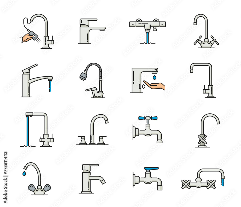 Tap bathroom and kitchen faucet icons of bath water sink, vector ...