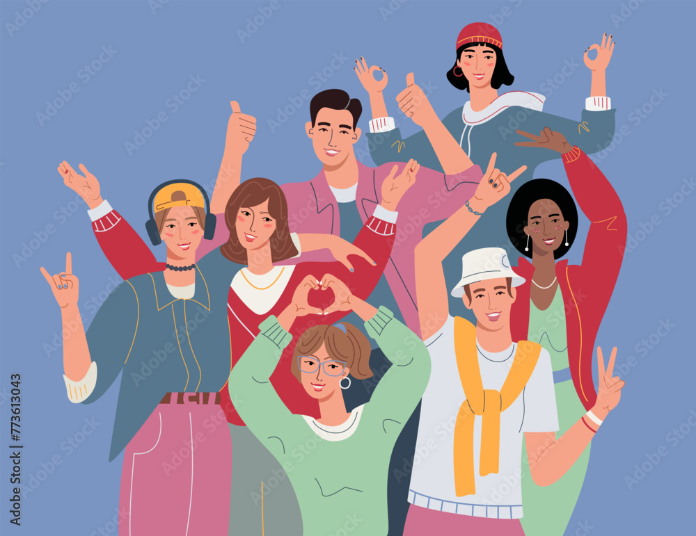 Happy positive people, group portrait. People showing positive hands ...