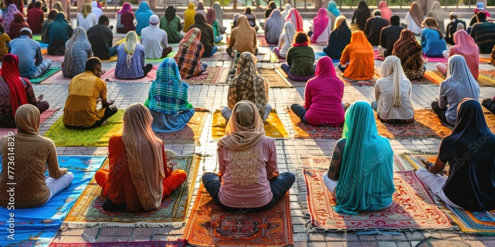 A vibrant celebration of Eid prayer. Muslim community gatherings with ...