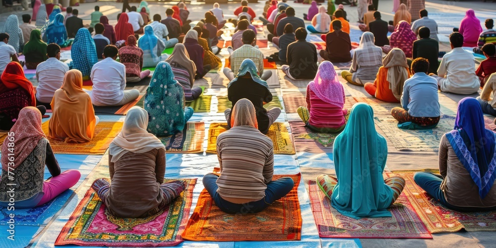 A vibrant celebration of Eid prayer. Muslim community gatherings with ...