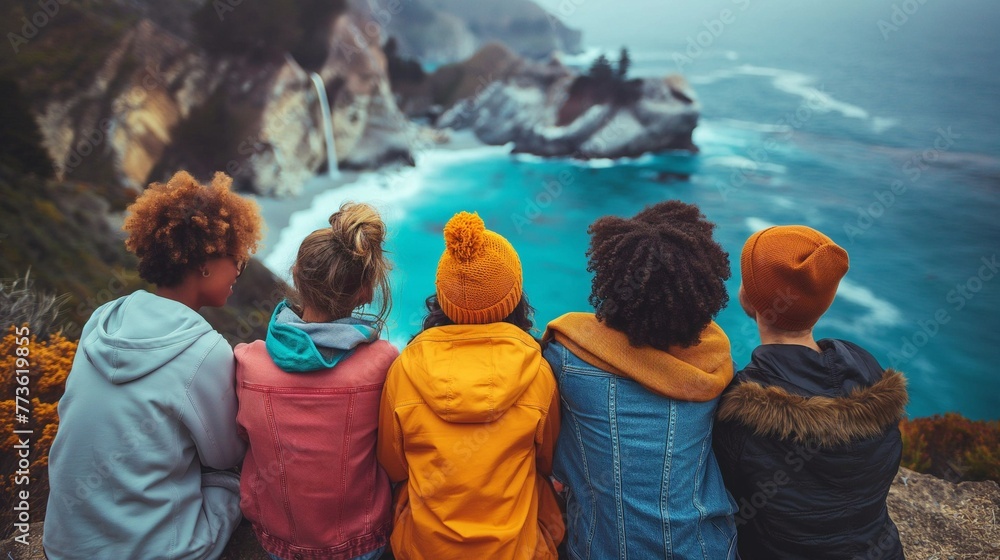 Tight-knit friends overlooking vast sea, unity in diversity, huddled ...