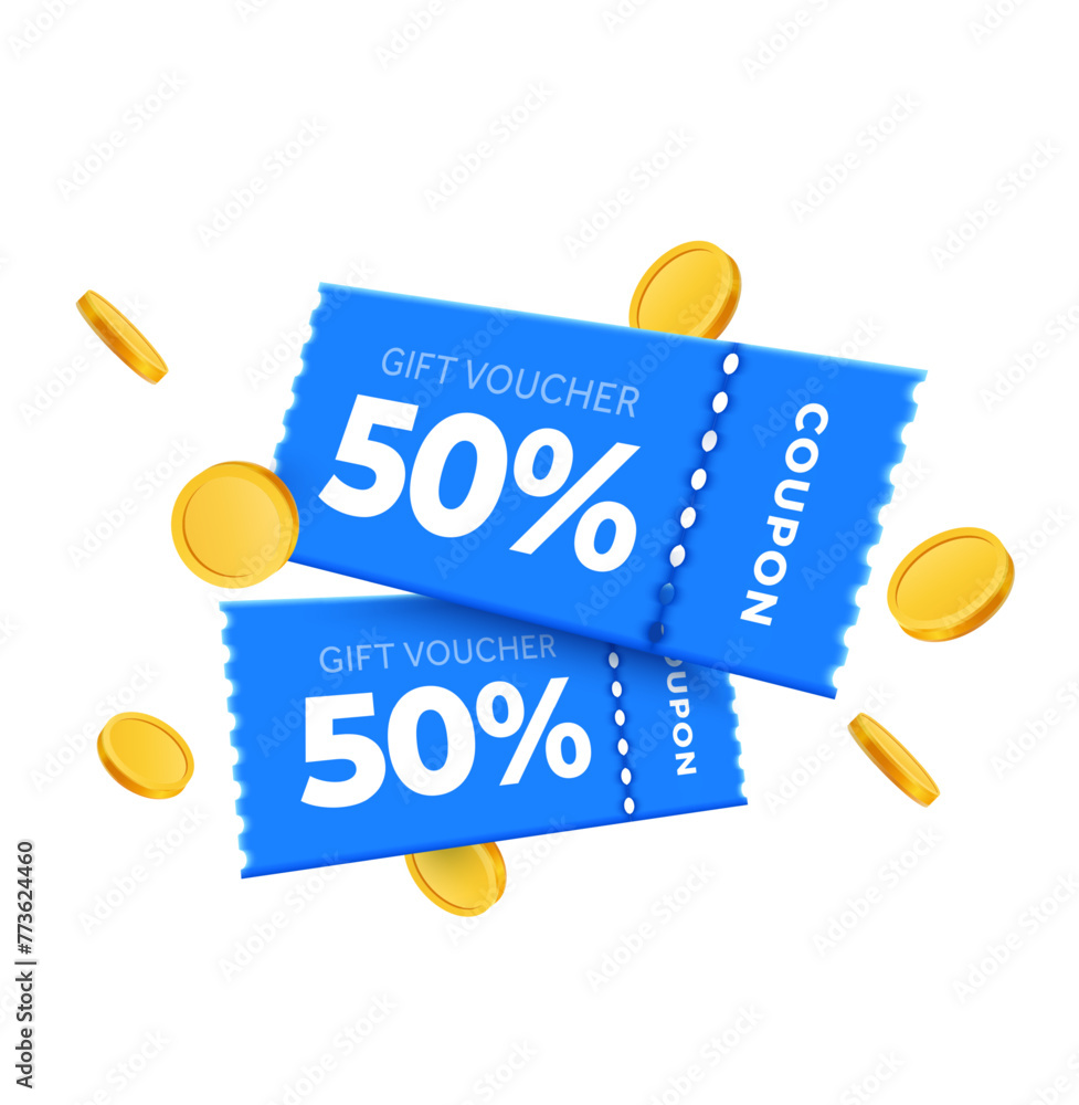 3d couple of coupons with promotional code percentage with golden coins ...