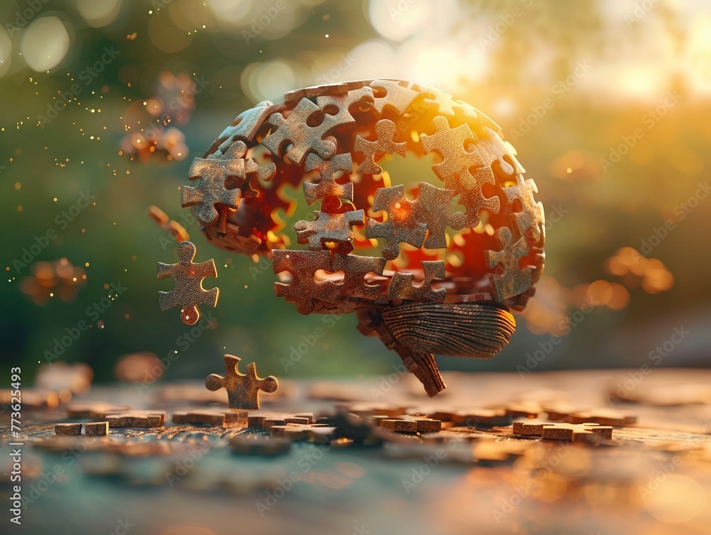 Half-complete puzzle brain, 3D render, final piece hovering, moment of ...