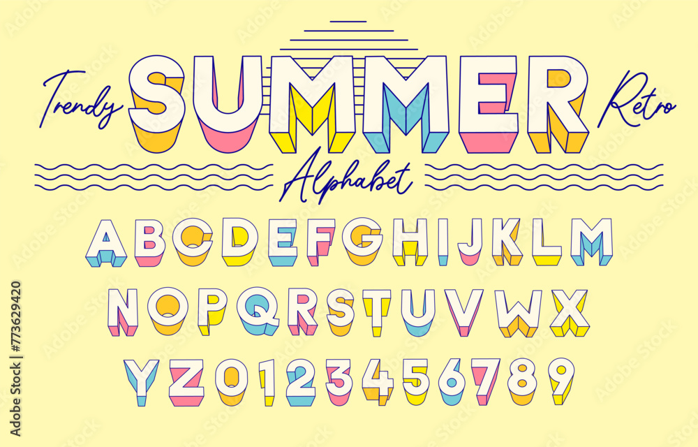 trendy summer retro 3d alphabet effect set – colorful pastel font ...
