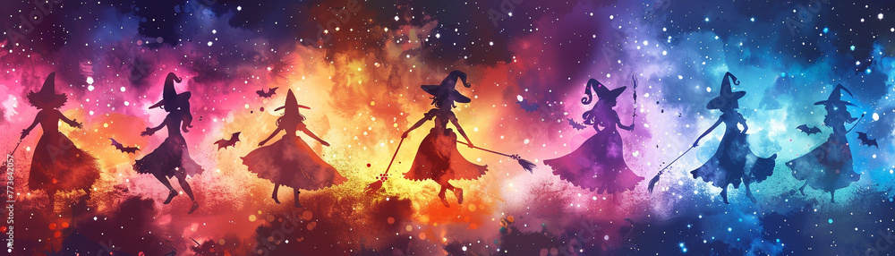 Watercolor painting of witches flying through space. The witches are of ...