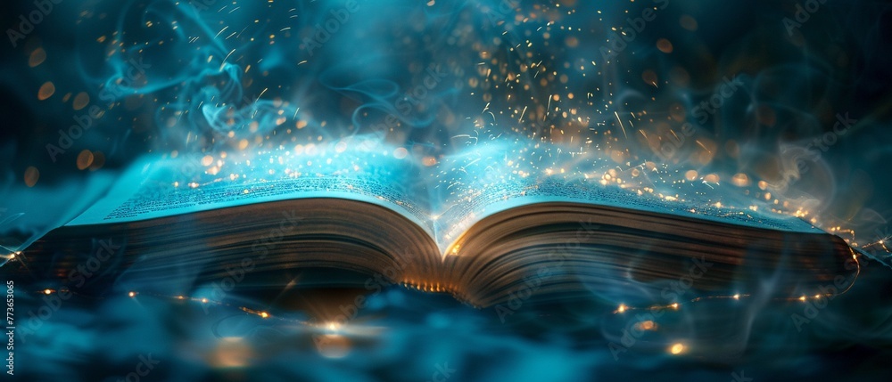 Flashlight illuminating pages of a book, revealing magical and ...