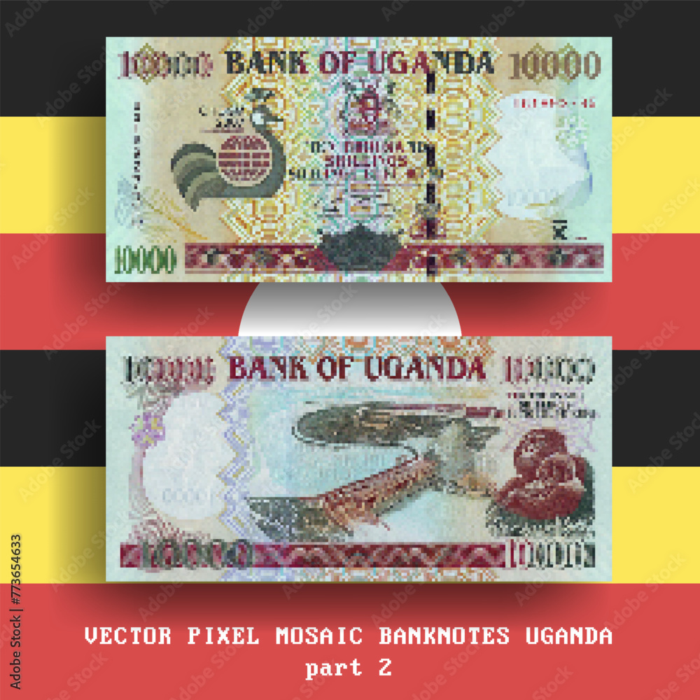 Vector pixel mosaic banknotes of Uganda. Note in denominations of 10000 shillings. Obverse and ...
