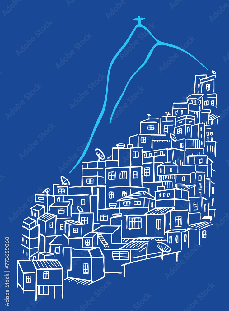 Vector illustration of favela landscape with mountain in the background ...