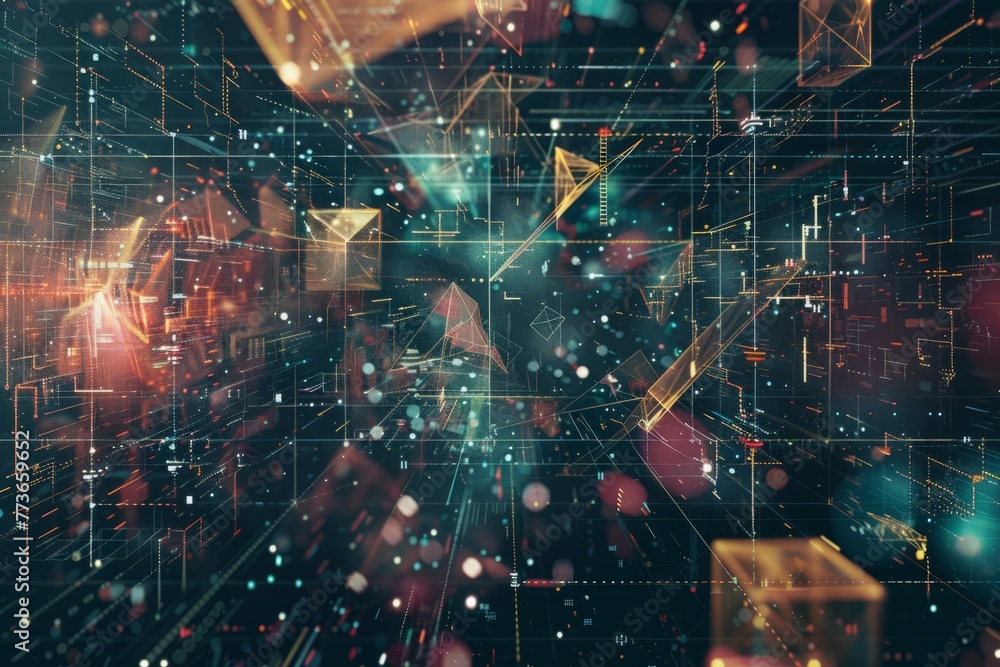 An abstract representation of cyberspace, with geometric shapes and ...