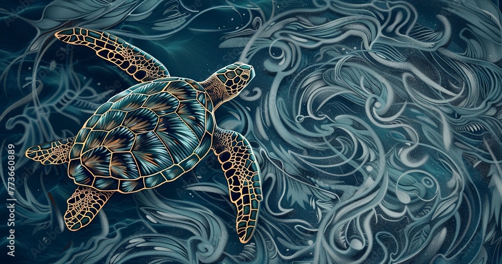 Sea Turtle gracefully swimming, ancient mariner, shell pattern detailed ...