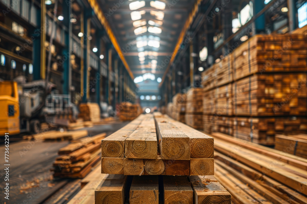 Interior of a timber mill with piles of cut wood planks, highlighting ...