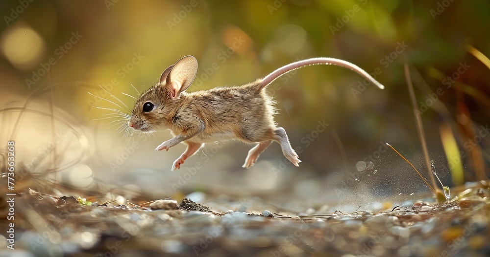 Jerboa, tiny and energetic, mid-jump, tail balancing its movements ...