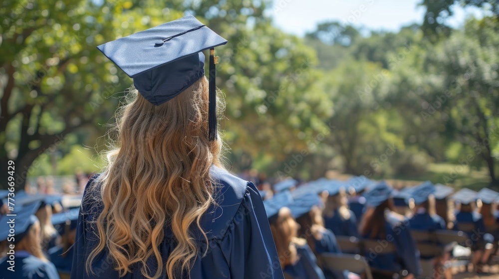 Rear view of a female graduate with long hair wearing a blue cap and ...