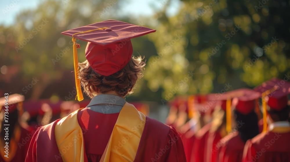 Back view of a male student in a graduation cap and gown at a sunlit ...