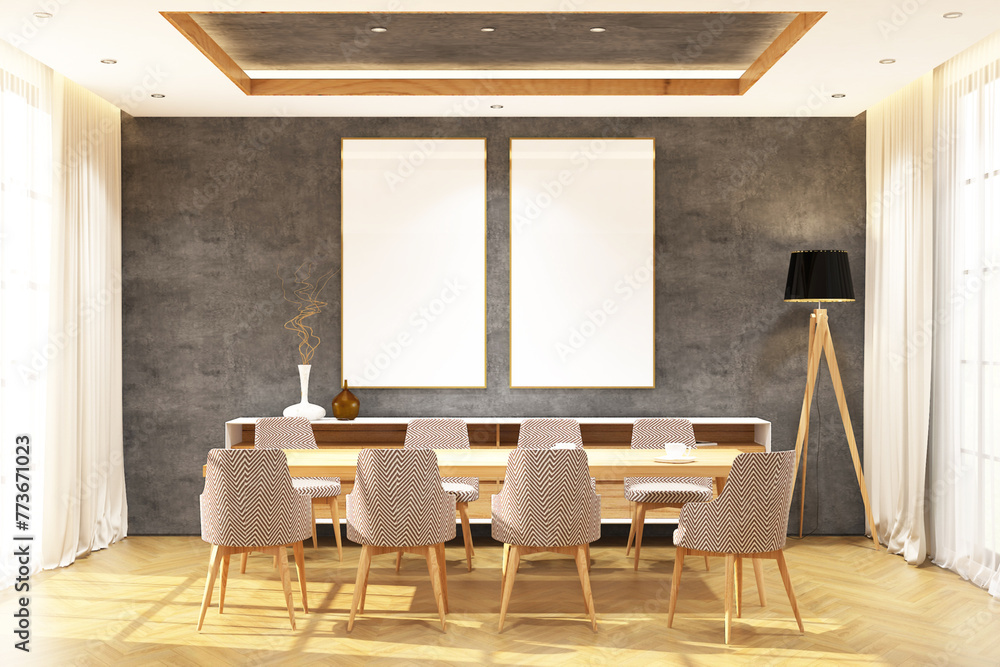 3d rendering interior of dining room with credenza and 2 frames mock up ...