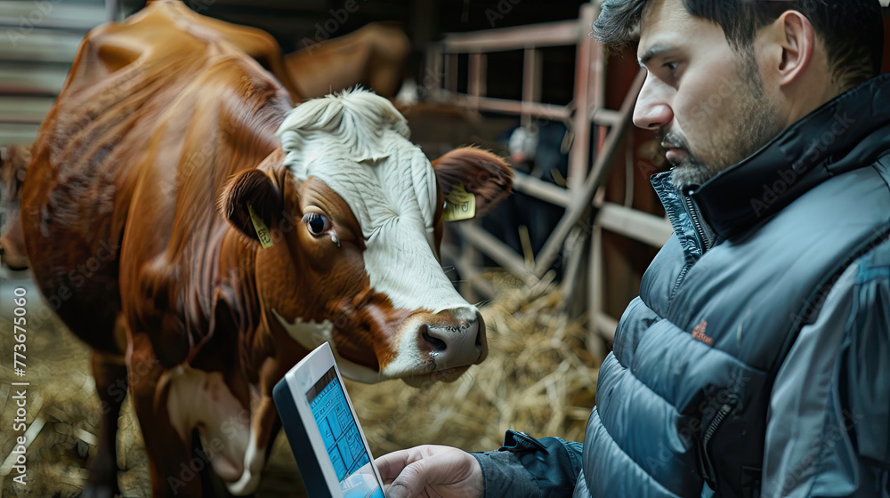 Veterinarian man with ultrasound device checking if cow is pregnant in ...