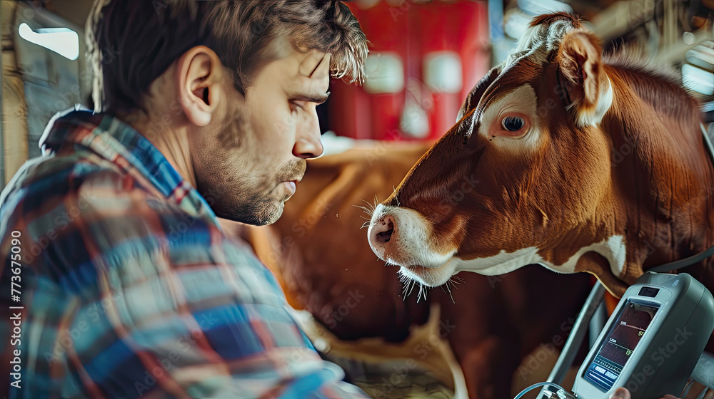 Veterinarian man with ultrasound device checking if cow is pregnant in ...