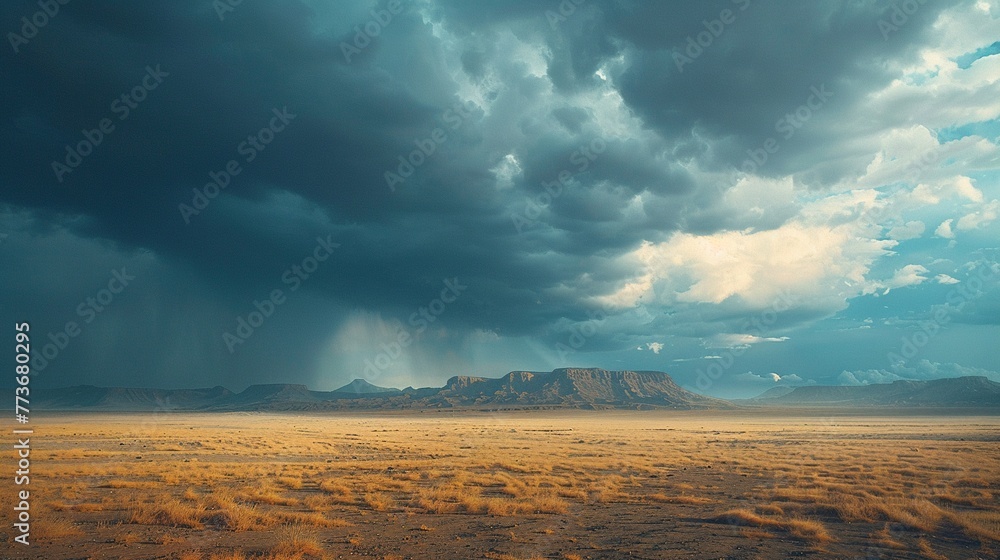 Photorealistic depiction of a thunderstorm brooding over an ancient ...
