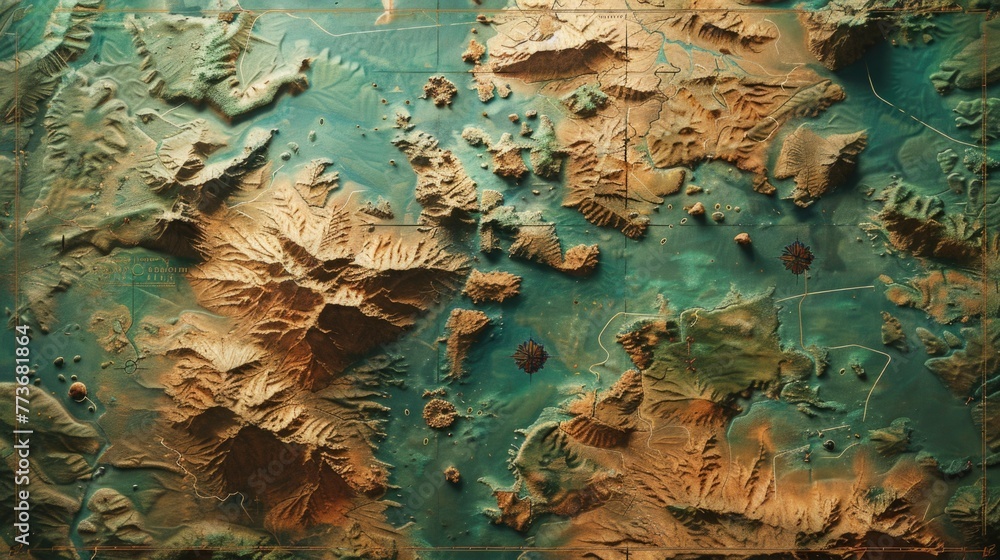 A topographic relief map showcasing the diverse geography of a fantasy ...