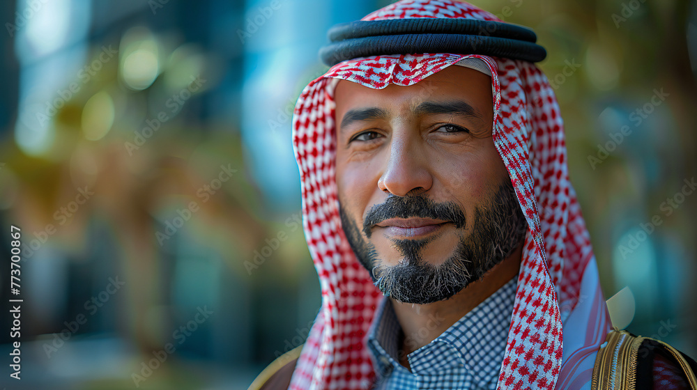 Foto de Saudi Man in Traditional Keffiyeh Against Urban Backdrop ...