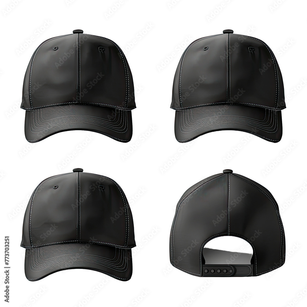 Set of black front and side view hat baseball cap on transparent ...