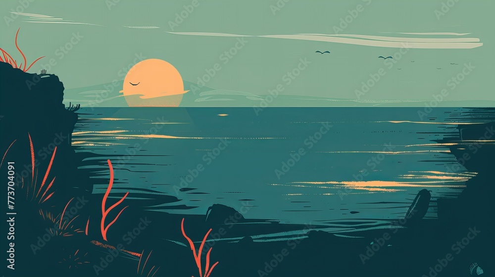 Minimalistic 2D flat vector design of a deep ocean landscape with a ...