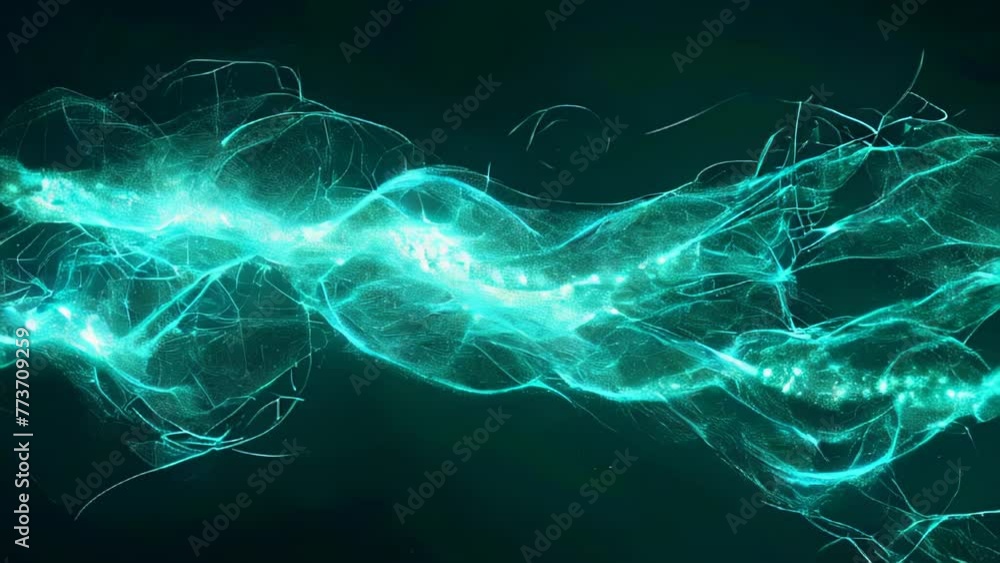 Network of glowing turquoise nerve cells depicting transmission of ...
