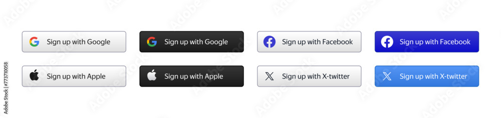Set of classic web interface buttons. Sign up with Google, Facebook, X ...