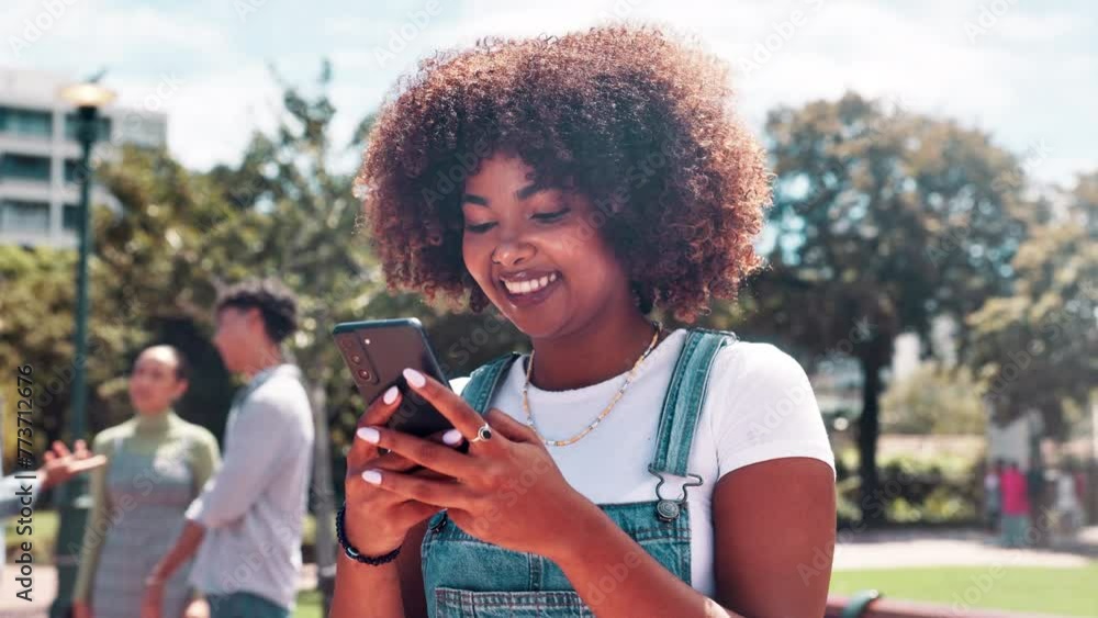 Black woman, student and afro with phone at university for social media ...