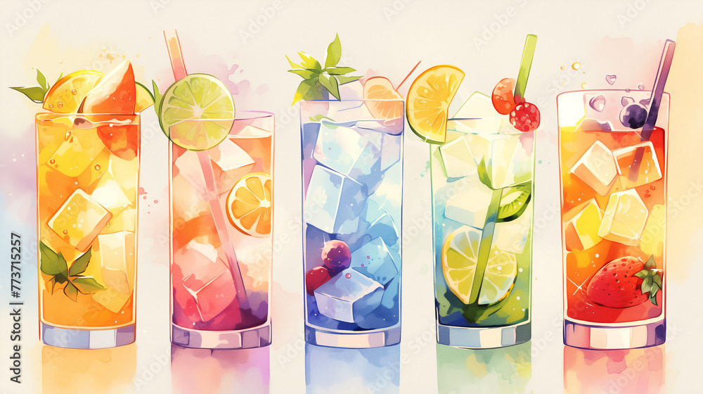 watercolor 6 glasses of colorful iced drink with fruit decoration in ...