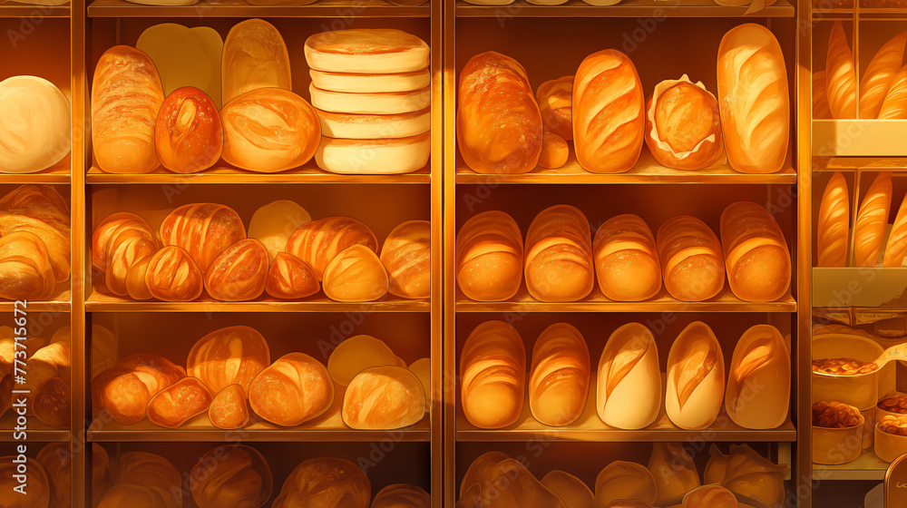 A shelf full of different types and shapes of breads in the bakery ...
