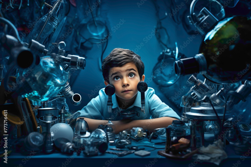 A curious kid model sits against a solid blue wall, exploring the ...