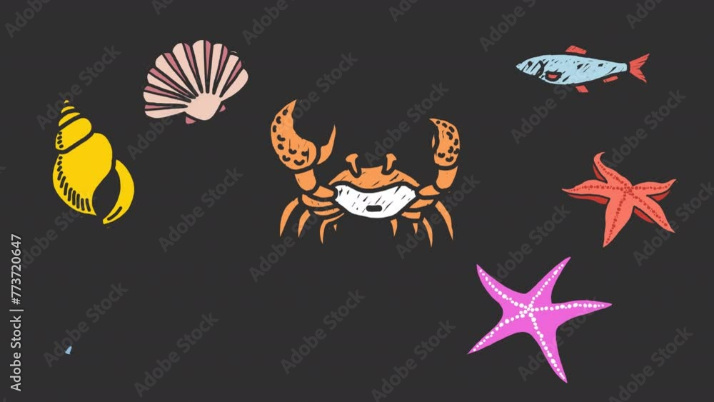 Colorful doodle cartoon animation of sea marine animals. Dolphin ...