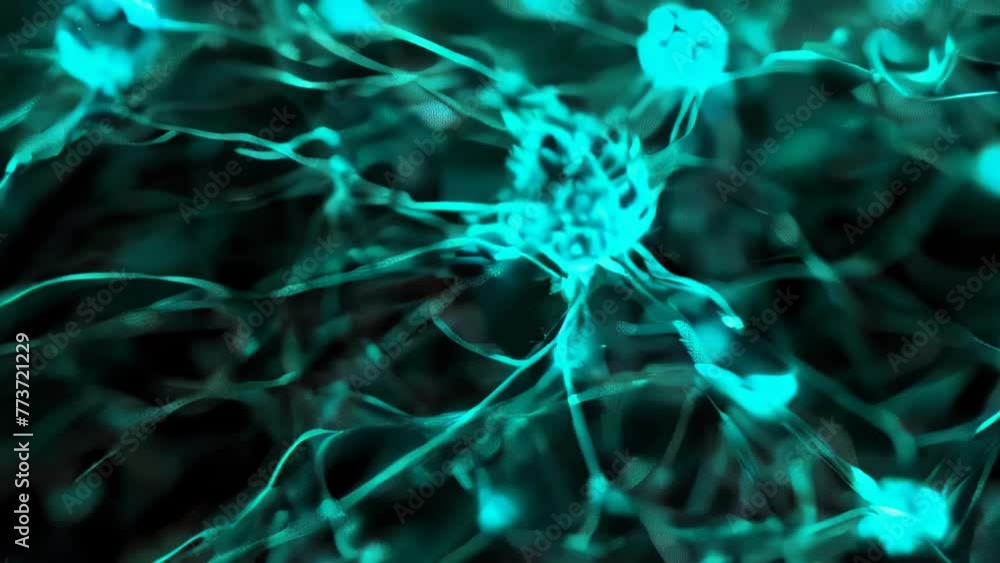 Network of glowing turquoise nerve cells depicting transmission of ...