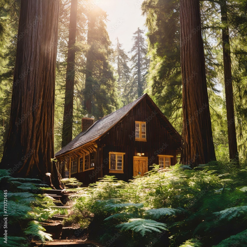 cabin in the forest A quaint wooden cottage nestled amidst a dense ...