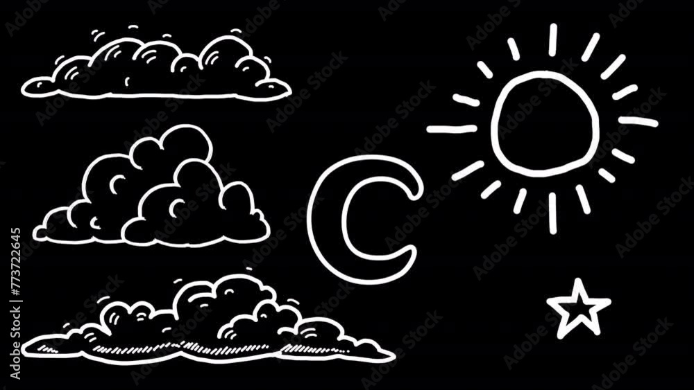 Animated cartoon video of sky, sun, moon, clouds and stars with alpha ...