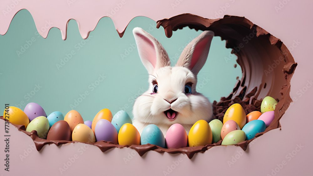 funny Easter background. A rabbit peeks out of a hole in a pink wall ...
