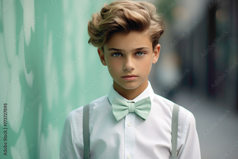 Against a backdrop of refreshing mint, the kid model captivates with ...