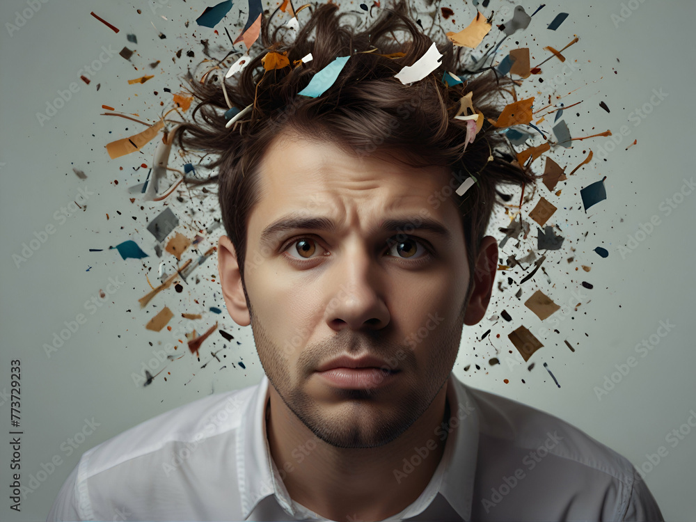 Confused and overthinking concept. A man's head surrounded by a mess ...