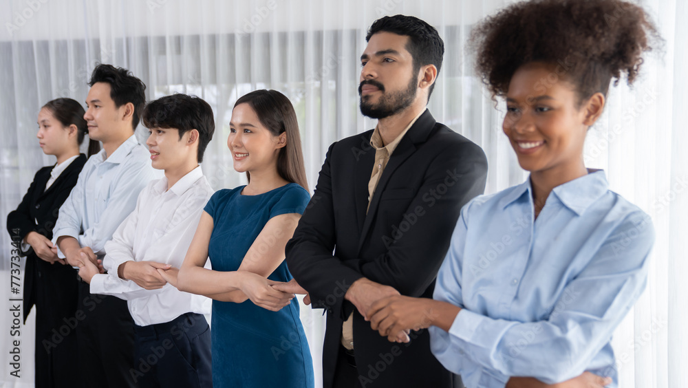 Happy and smiling multiracial office worker hold hand in a line ...