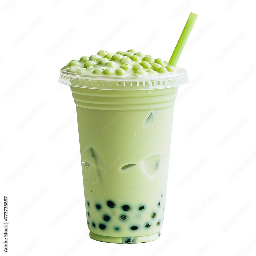 Matcha boba tea isolated on white background, green bubble tea with ...