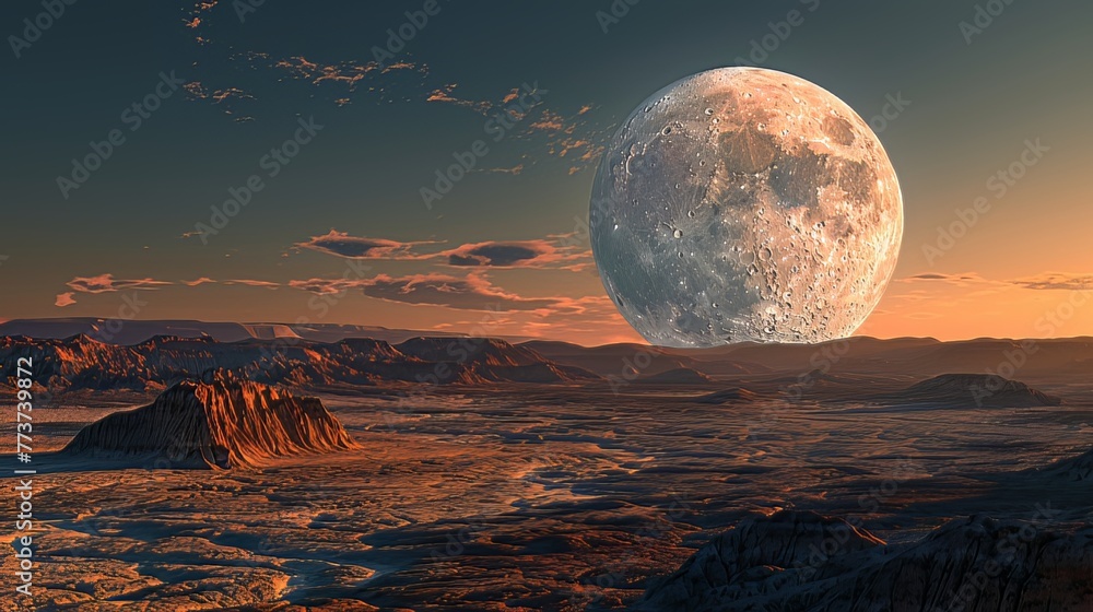 The moon casts an otherworldly glow over the desert landscape ...