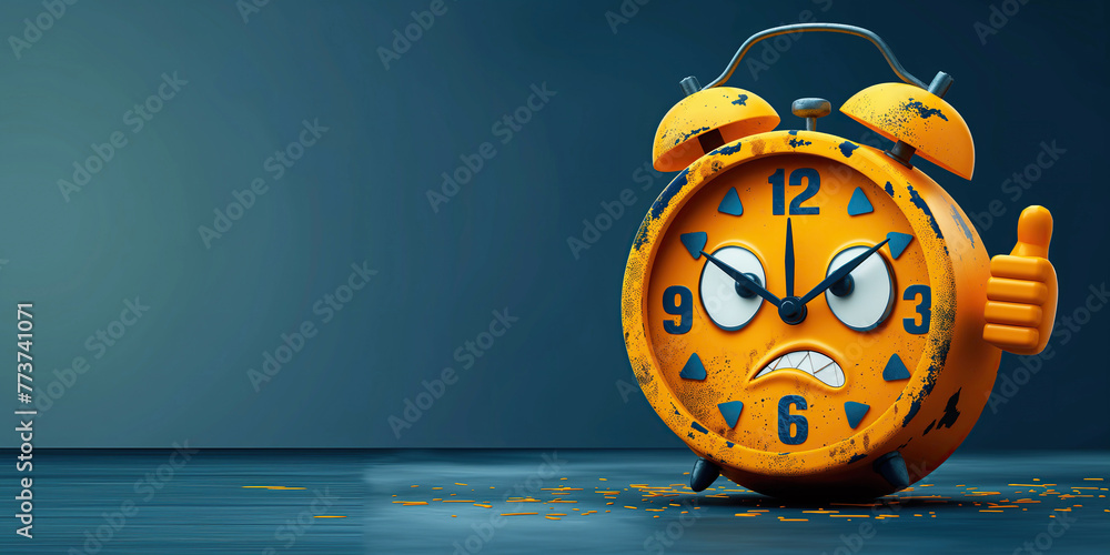 Cartoon character angry sad yellow alarm clock pointing hands on a blue ...