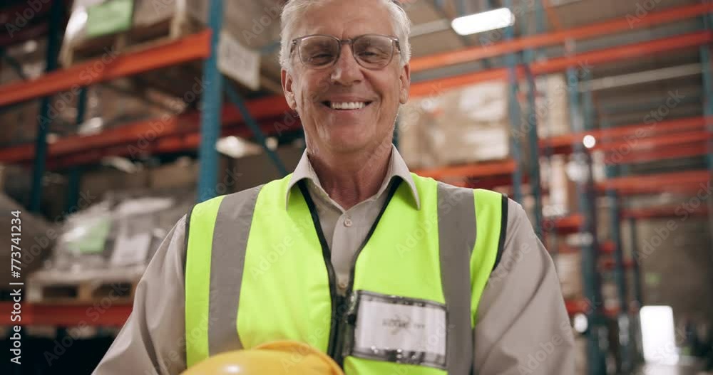Logistics, warehouse and portrait of man with glasses for inventory ...