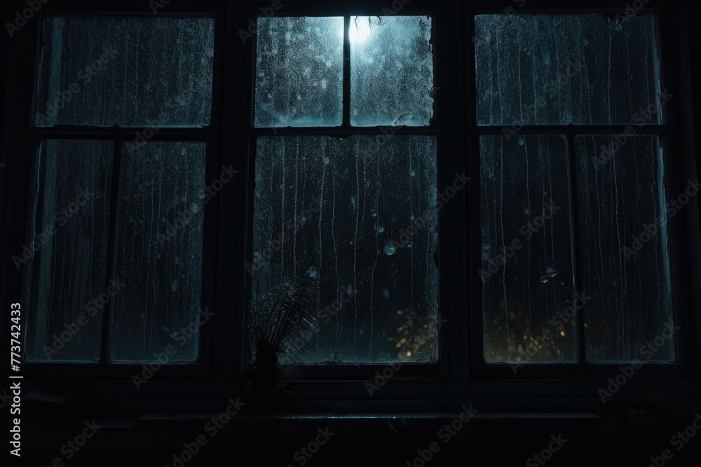 Frosty glass window pane at night with moonlight and plant silhouette ...